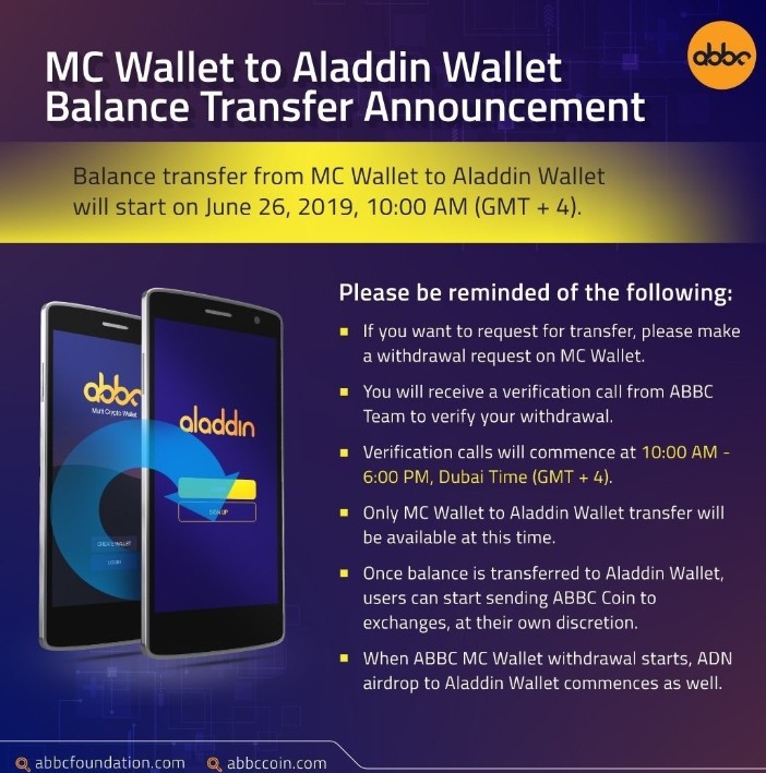 MC지갑 Aladdin지갑은 26일 출금이 열립니다. 한국시간 : 2019년 6월26일 오후 3시에 MC Wallet에서 Aladdi... : DOMINO ADN | BAND