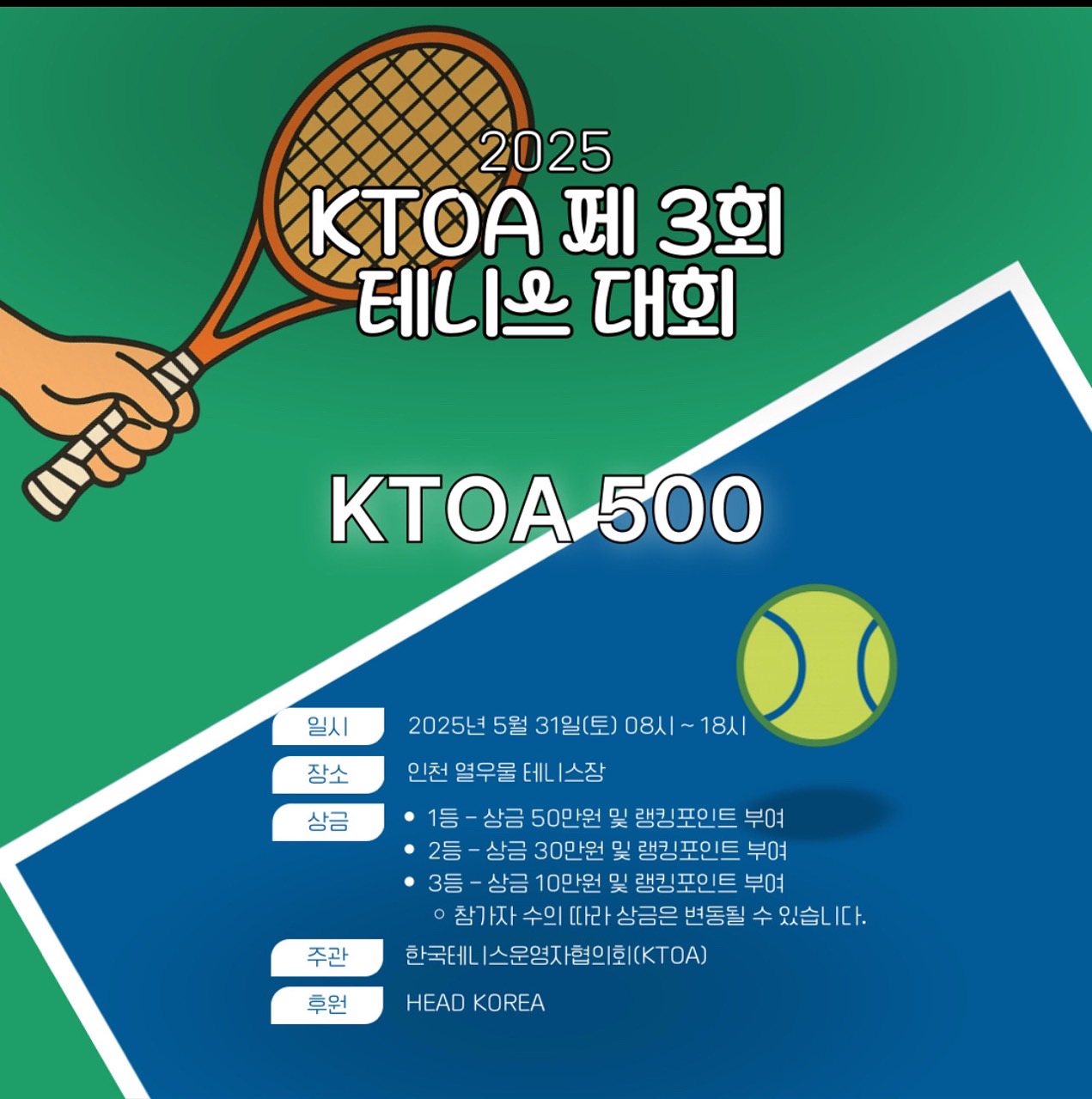 **[접수 오픈) 제3차 2025 KTOA CUP 500대회 **장소** 인천 열우물 테니스장 **일시** 5월 31일(토) 09:00~... : NO.1테니스 - 넘버원 ...